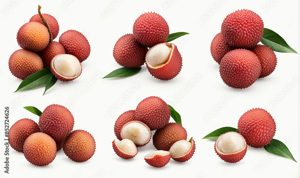 Lychee litchi lichee fruit, many angles and view side top front group ...