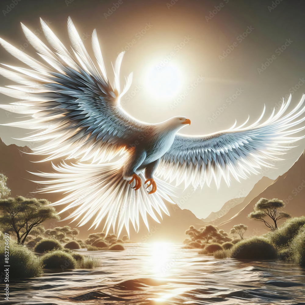 white bird flying over a body of water, digital fantasy art trend ...