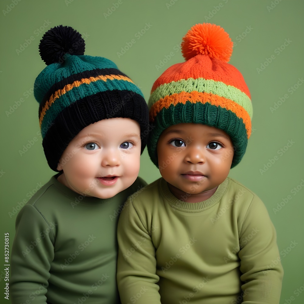 Multiethnic babies dressed in diverse colours on an isolated green ...