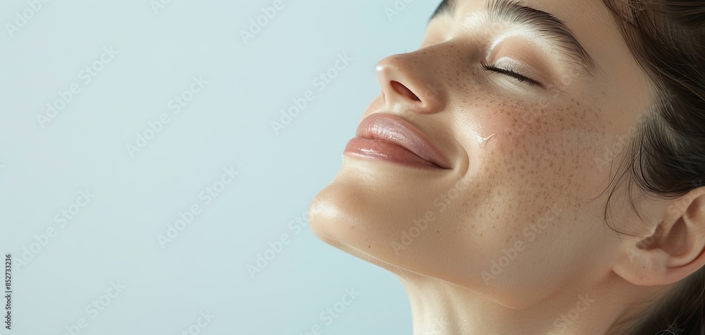 A beautiful woman with closed eyes smiles and looks up, her smooth and ...