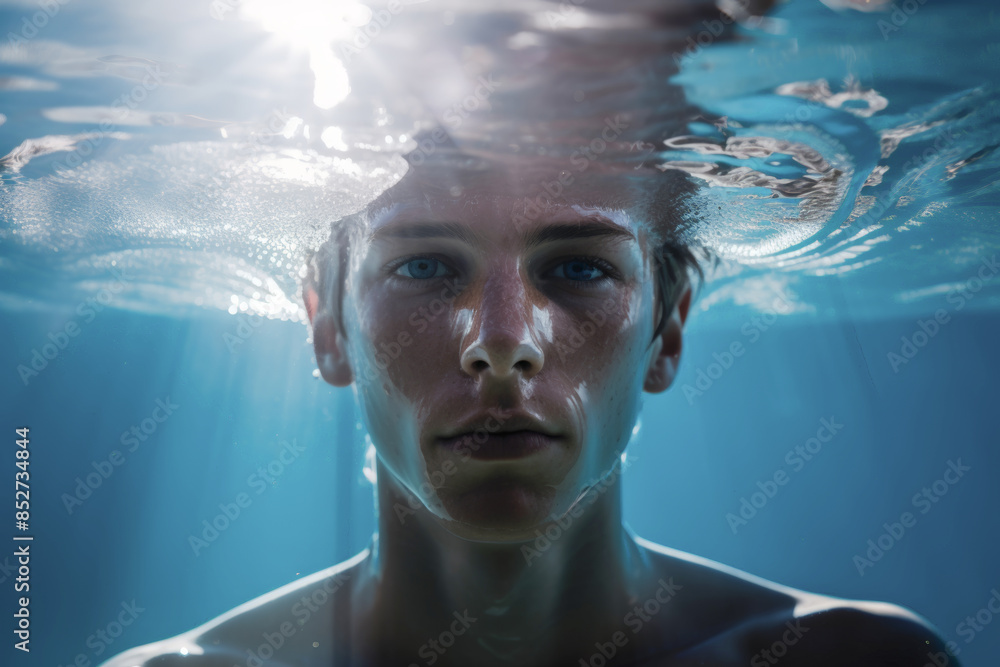 Stock minimalist photography of a boy swimmer in a pool with only his ...