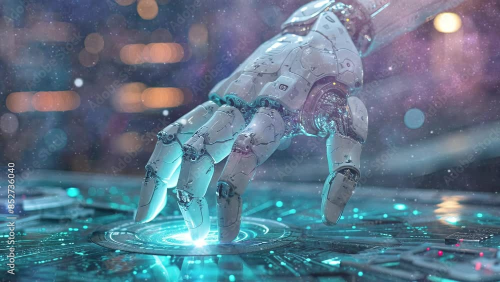 White humanoid hand using digital globe hud interface, concept of AI ...