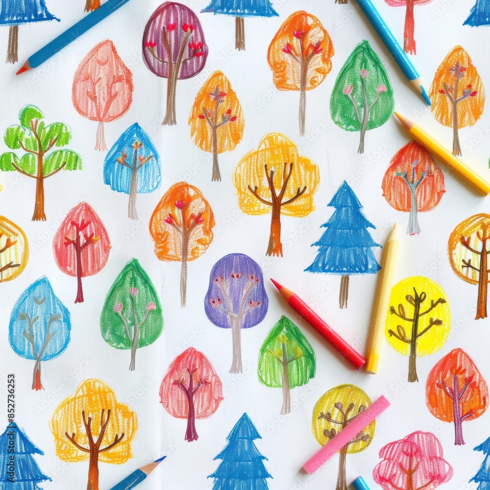 A white piece of paper with numerous hand-drawn trees in various colors ...