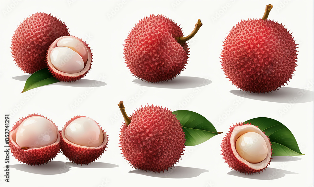 Lychee litchi lichee fruit, many angles and view side top front group ...