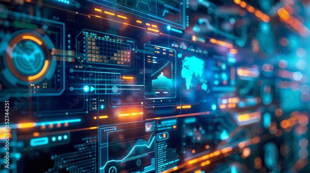 Futuristic digital interface visualization with data analytics, graphs ...