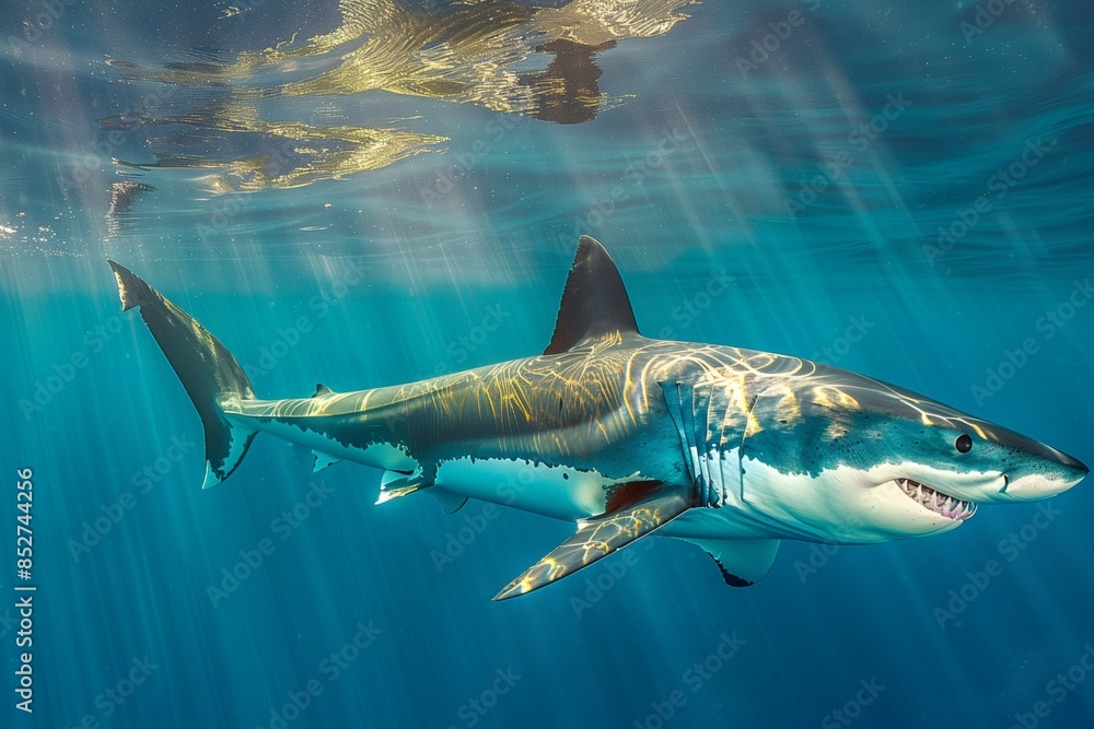 An awe-inspiring underwater view of a Great White Shark gliding ...