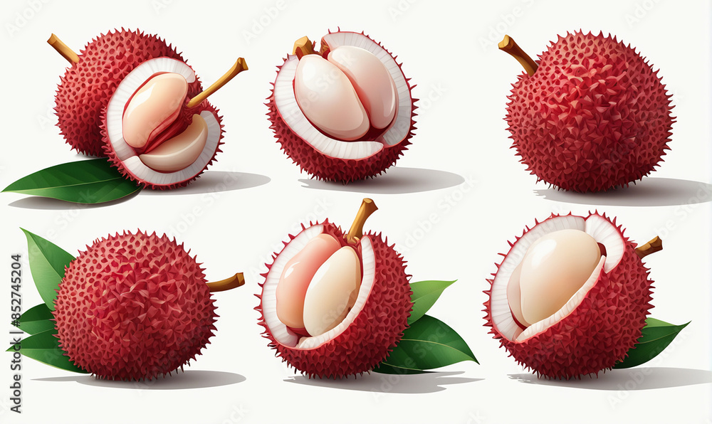Lychee litchi lichee fruit, many angles and view side top front group ...