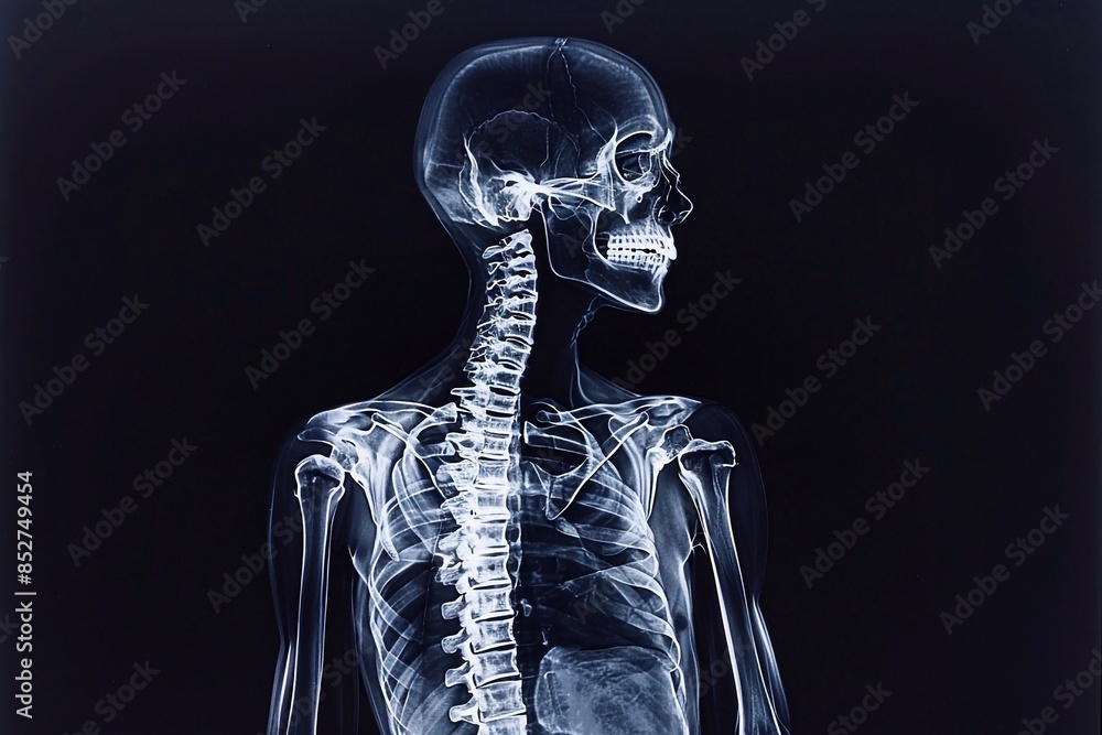 X-Ray image of human skeleton on black background, medical concept ...