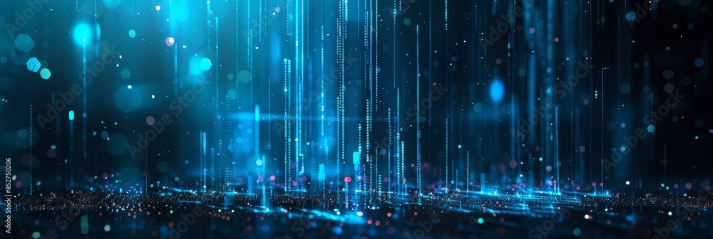 Dark blue background with glowing digital particles and sleek vertical ...