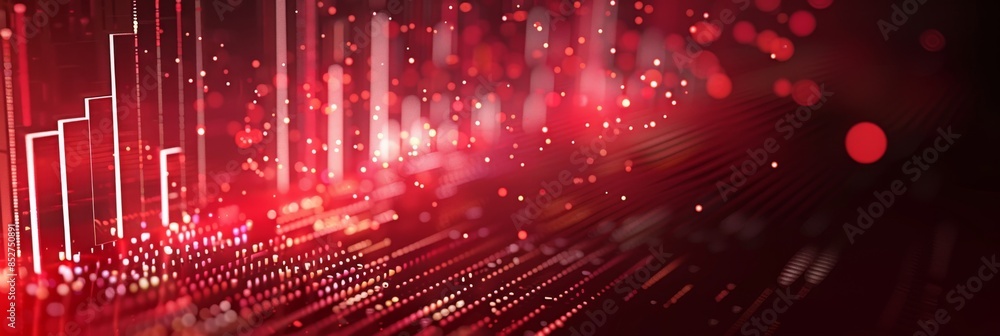 Dark red background with floating digital particles and glowing ...