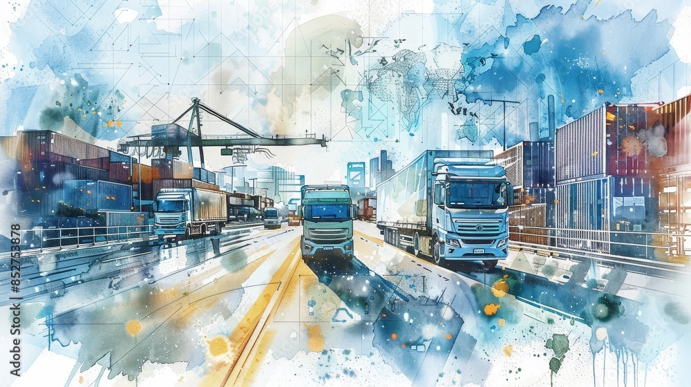 Watercolor painting of logistics concept with trucks, cranes, and ...