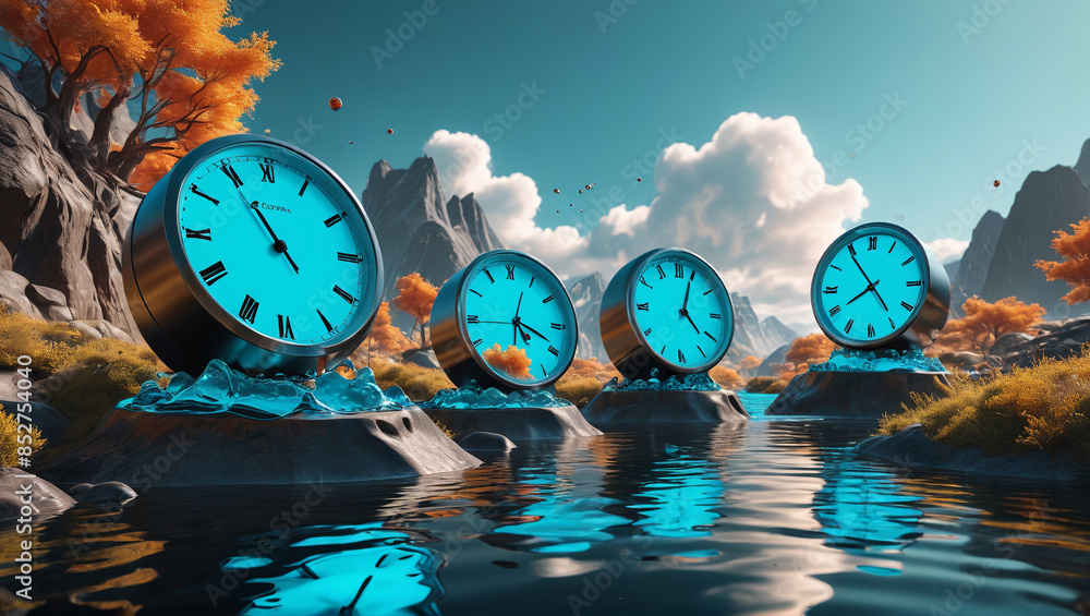 Surreal dreamscape with floating clocks and melting landscapes, where time flows like a river ...