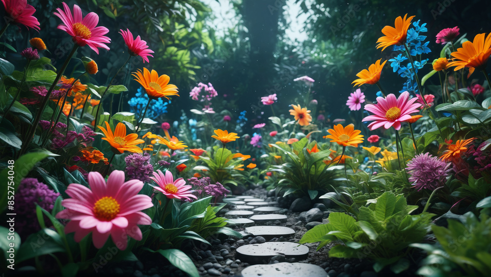 A surreal garden with flowers that glow in the dark and emit musical ...