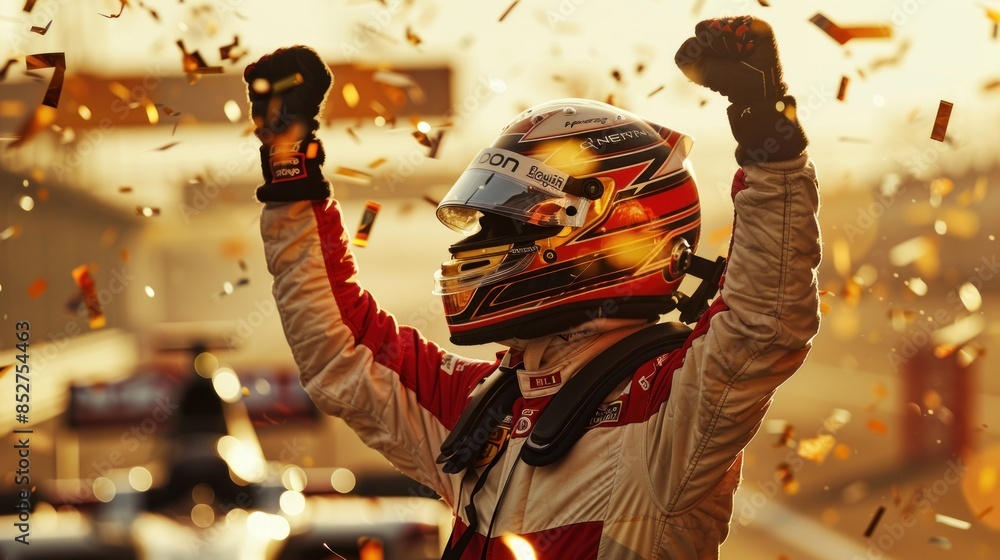 Formula One racing team driver celebrates victory with golden confetti ...
