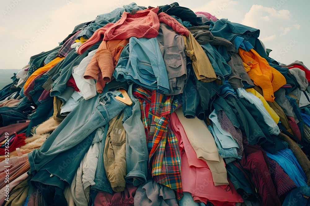 A pile of old used clothing and textiles. Fast fashion and clothing ...