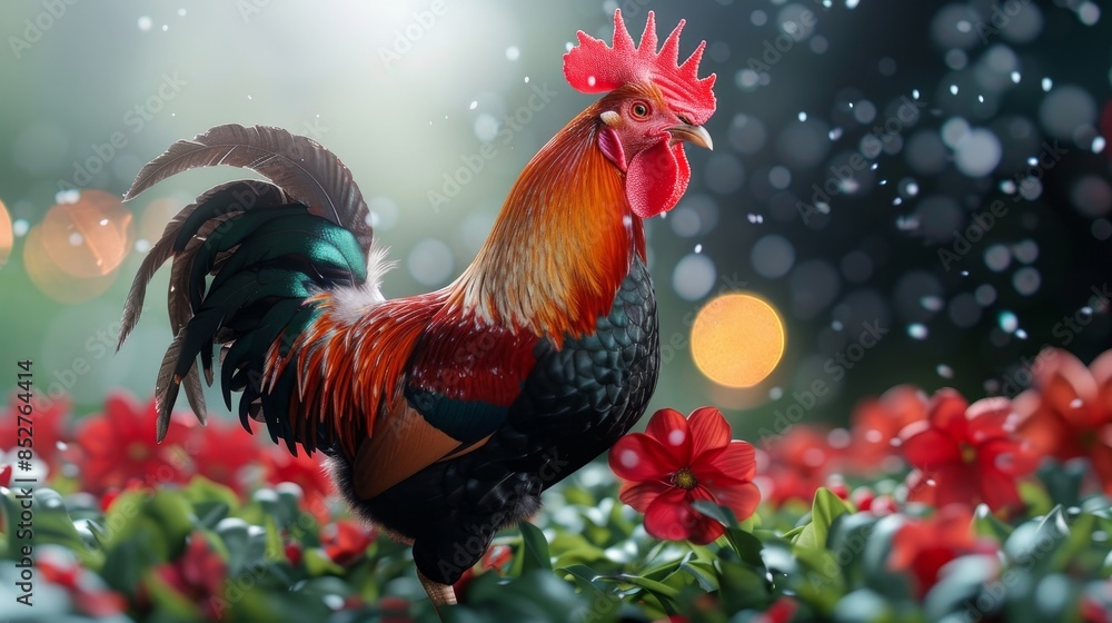 Magnificent red rooster with a bright, transparent crown, long black ...