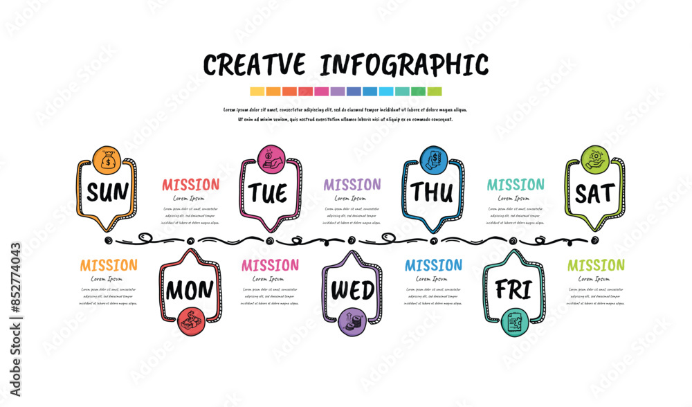 Timeline Hand drawn business for 7 day, 7 options, infographic design ...