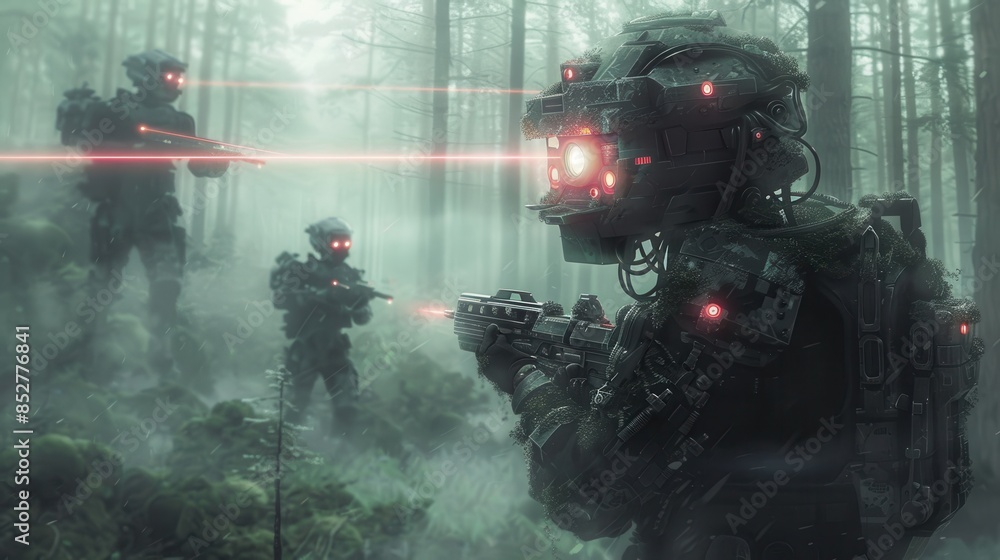 Three robots, clad in futuristic armor and armed with advanced weaponry ...