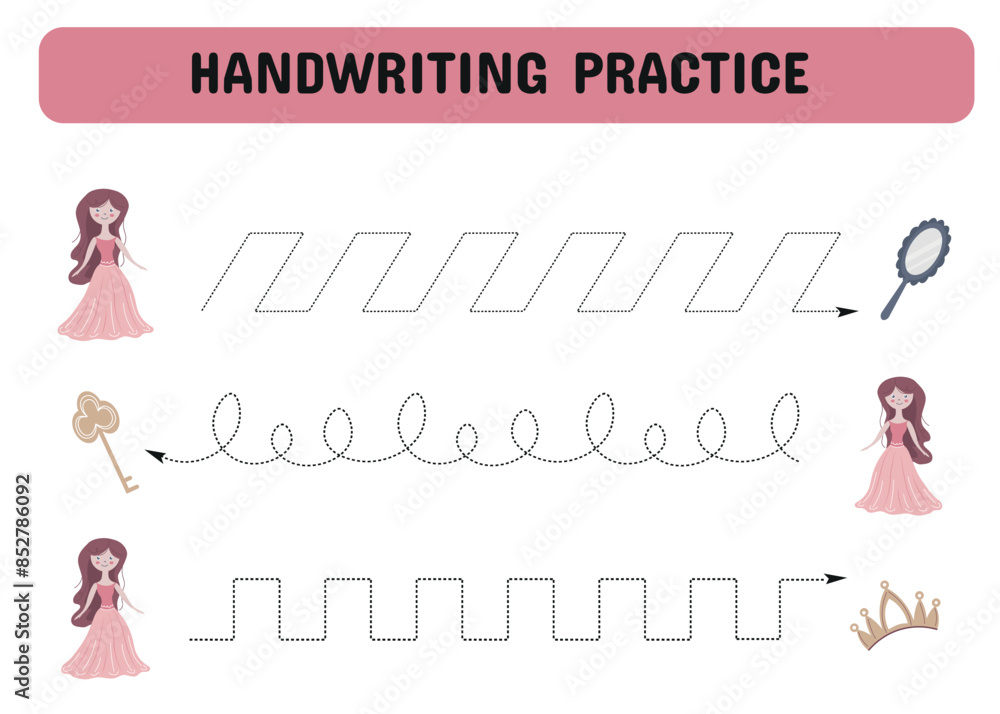 Handwriting practice sheet with a princess. Educational children game ...