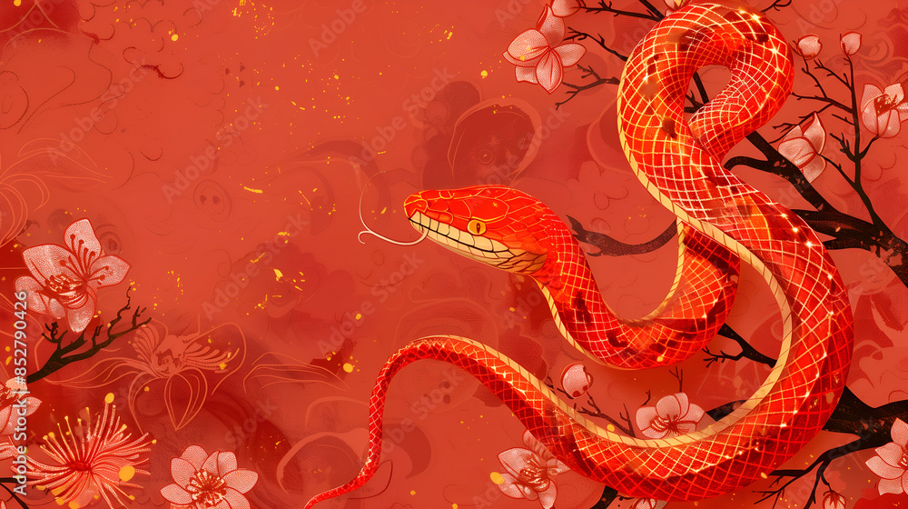 red snake on a red background, oriental style drawing, year of the ...
