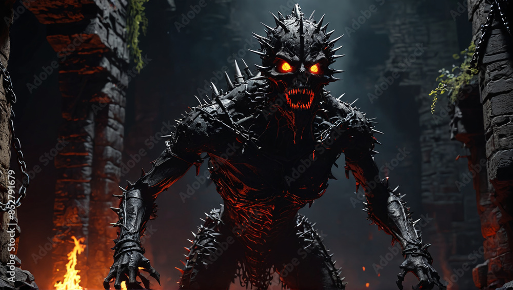 A monstrous creature lurks in a dark dungeon within an ancient castle ...