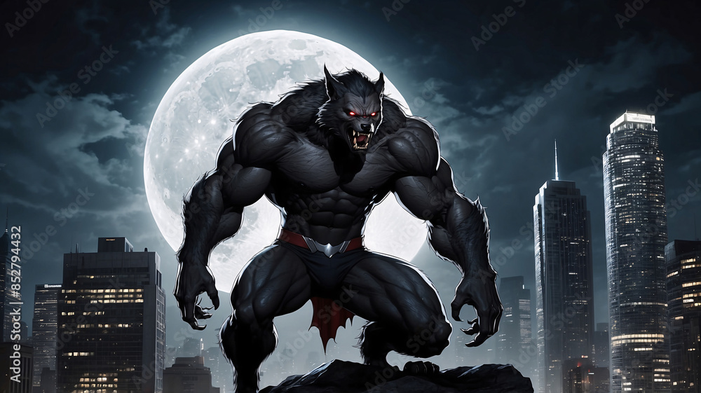WEREWOLF as Superhero at dark night with the full Moon, comics hero ...