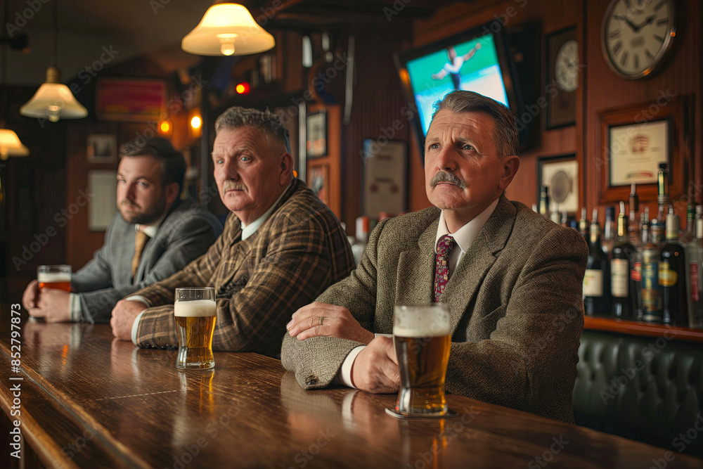 Gentlemen in tweed suits sit at the bar with a pint of lager and ...
