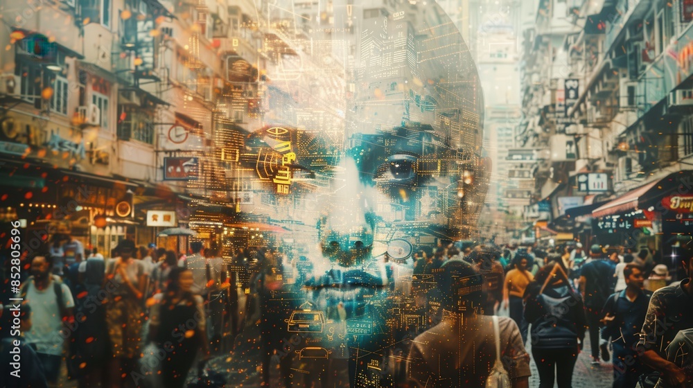 An image of a human face, composed of a digitally manipulated scene of ...