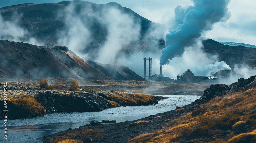 A geothermal power plant with steam rising from the ground in a ...