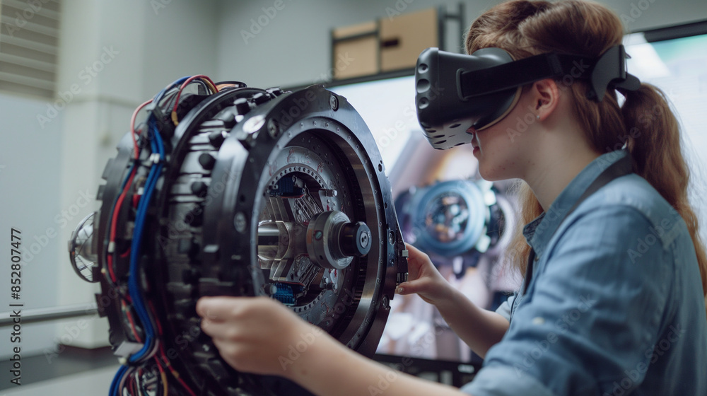 Engineering students using VR headsets to interact with a virtual model ...