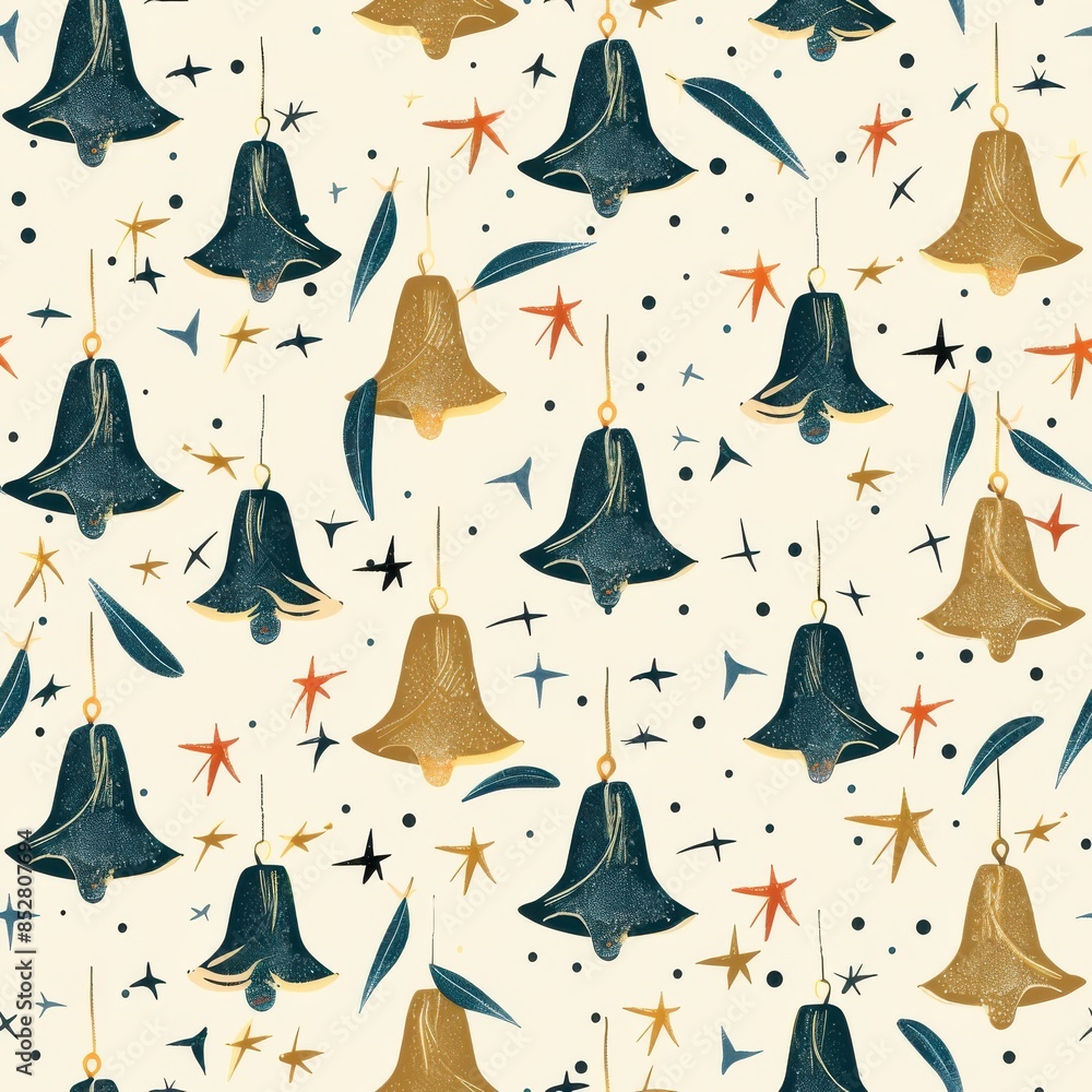 This image shows a repeating pattern of gold and blue bells with stars ...