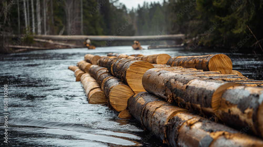 A close-up view of logs floating down a river towards a modern sawmill ...