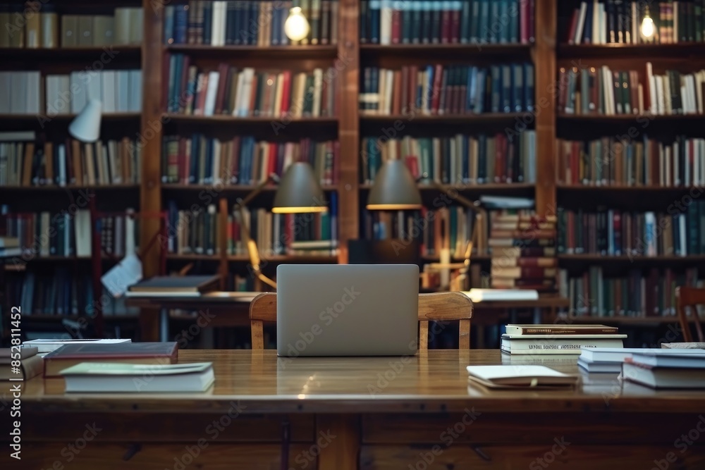 Library desk with books and laptop representing education technology ...