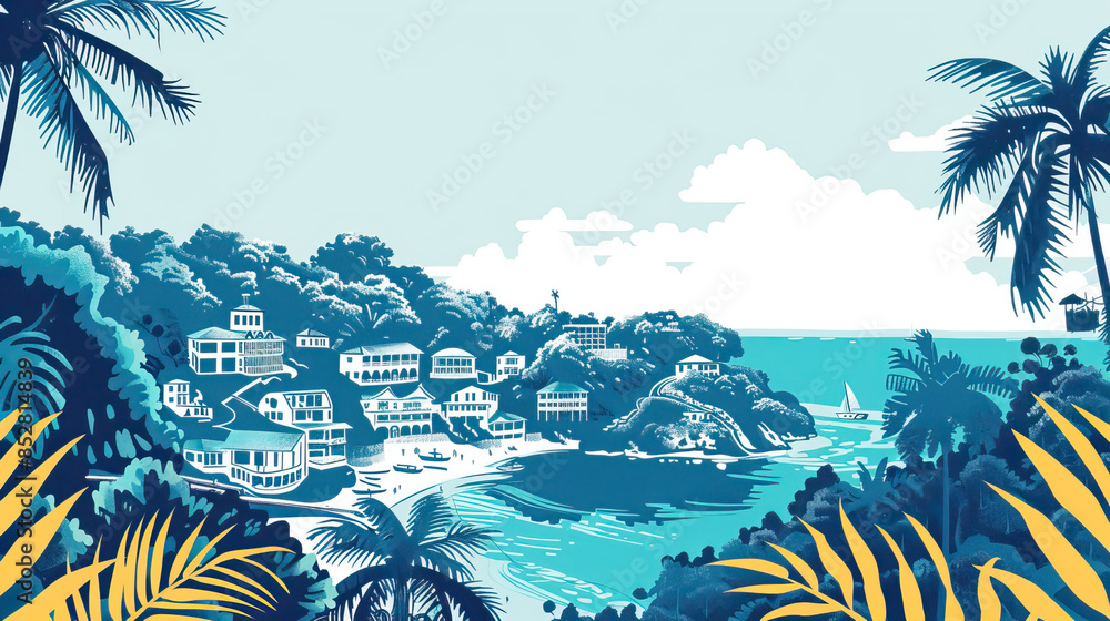 Risograph print travel poster illustration of Roatan, Honduras, modern ...