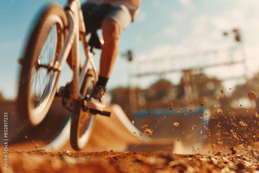 BMX cyclist mid-jump, focus on bike and rider s stance, with dirt track ...