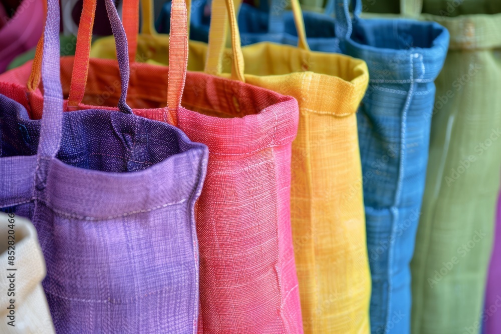 Colorful reusable plastic free shopping bags made from various eco ...