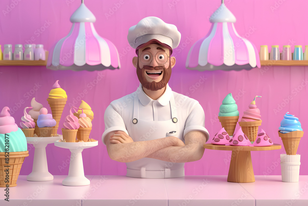 3D stylized ice cream parlor owner in front of an ice cream stand ...