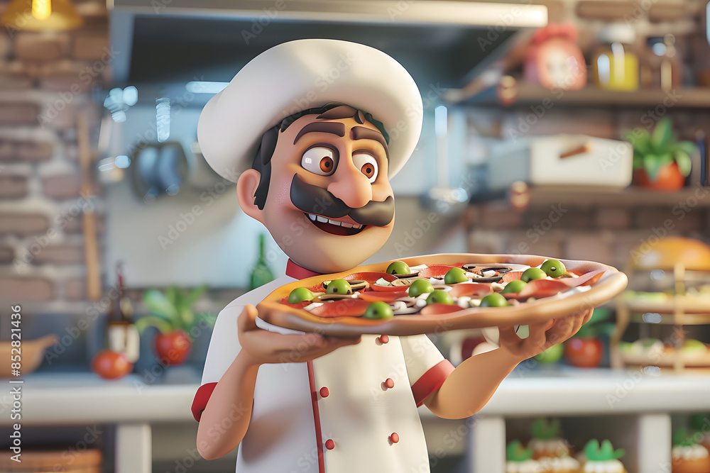 3D stylized pizza chef character in front of a pizzeria, holding a ...