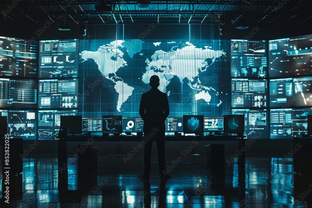 Man in high tech control room monitors global cybercrime with intense ...