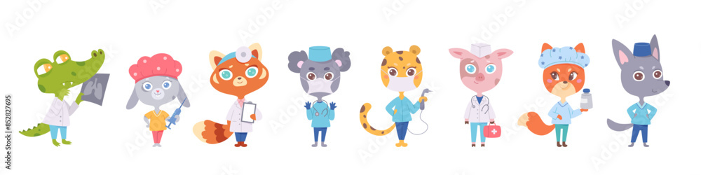 Cartoon animal doctors vector set. Funny cute smiling different animals ...