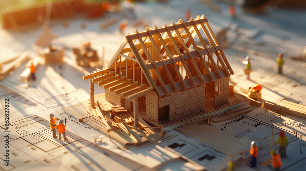 Miniature House Construction Model on Architectural Blueprint Stock ...