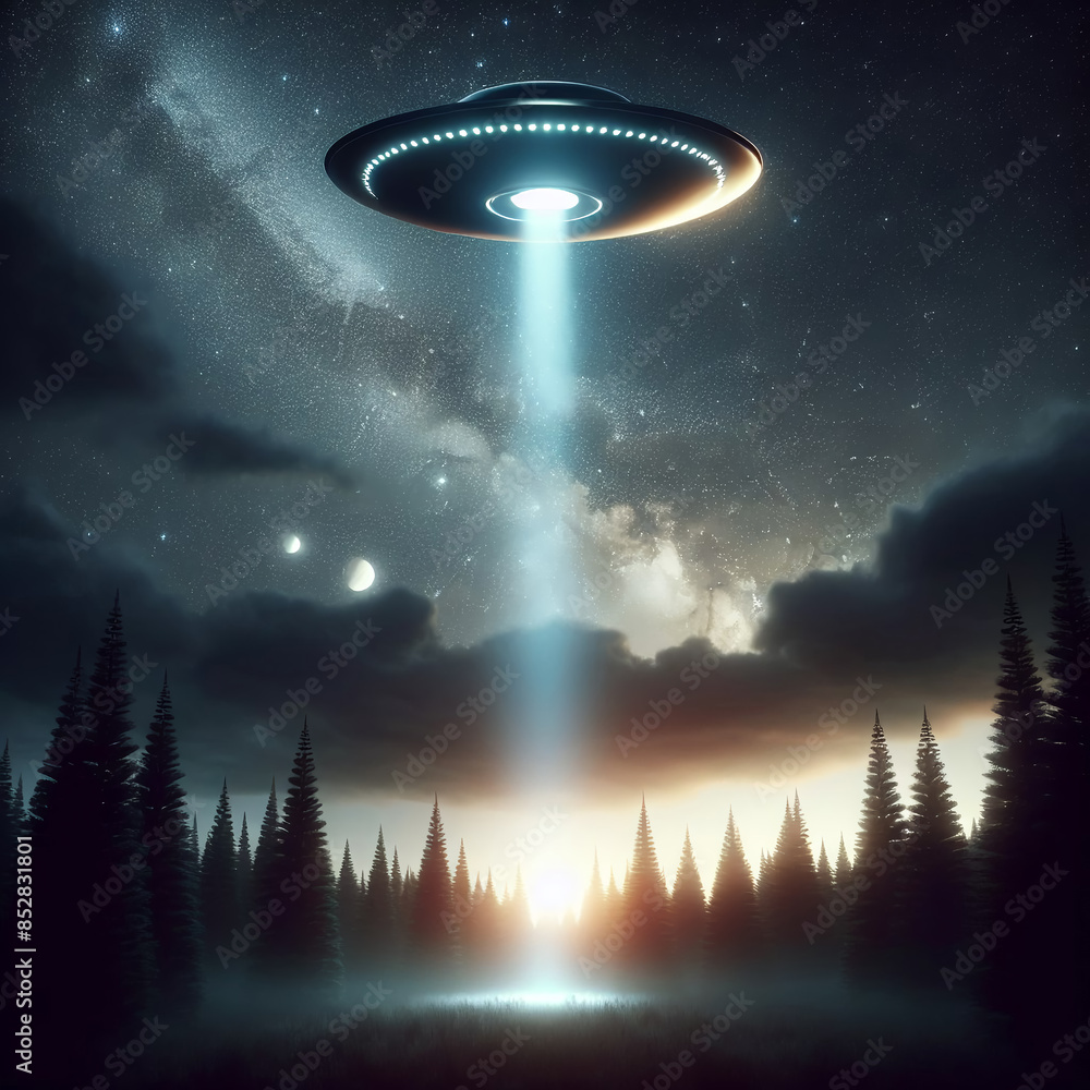Alien Flying Saucer in Sky Emitting Ray of Light, Illuminating Forest ...