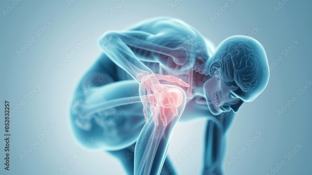 X-ray illustration of knee pain highlighted in red showing skeleton ...