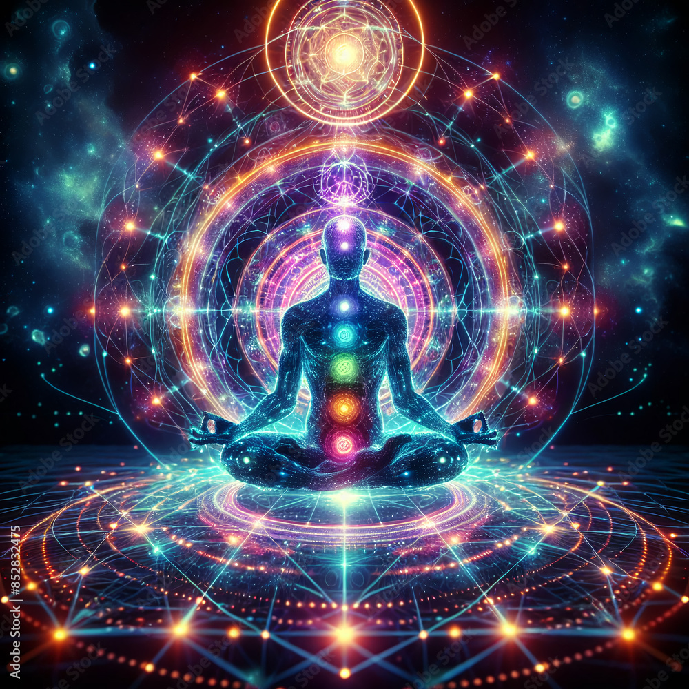 Silhouette of Person in Meditative Pose with Aligned Chakras on Cosmic ...