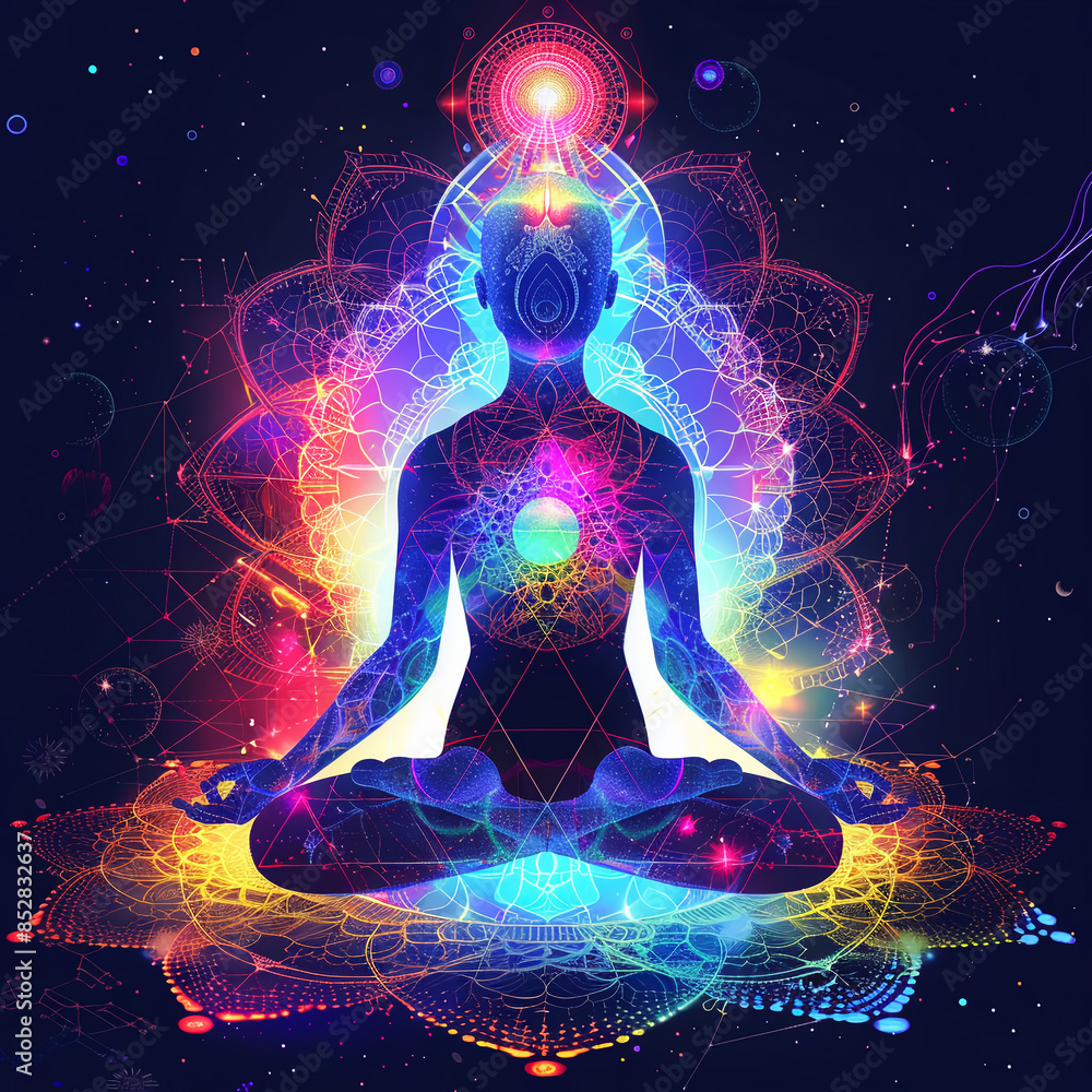 Silhouette of Person in Meditative Pose with Aligned Chakras on Cosmic ...