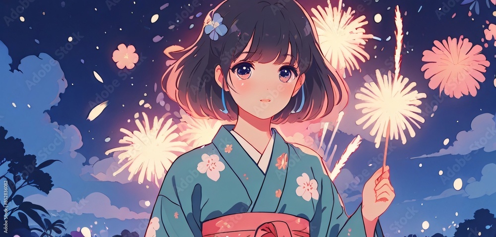 illustration of cute anime girl wearing yukata with firework and night ...