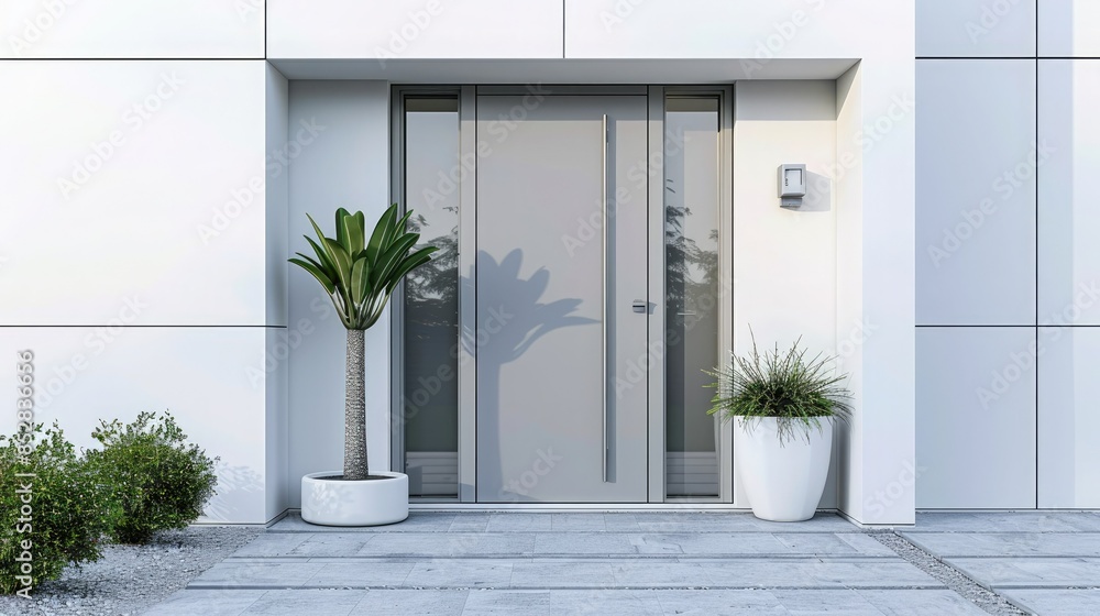 Modern front door with glass and aluminum frame on the facade of a ...
