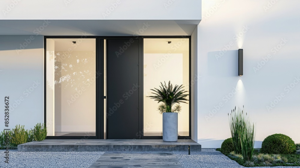 Modern front door with glass and aluminum frame on the facade of a ...