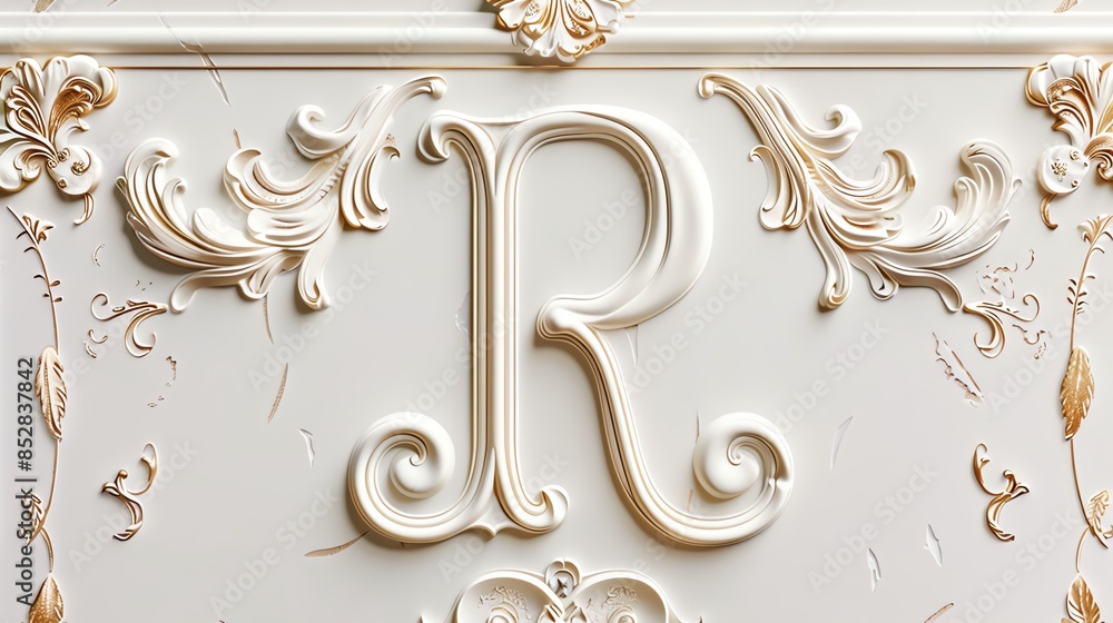 Intricate golden letter R decorated with vintage flourishes and ornate ...