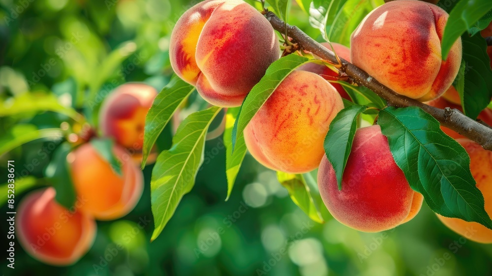 Peach trees with ripe peaches, with a blurred background of green grass ...
